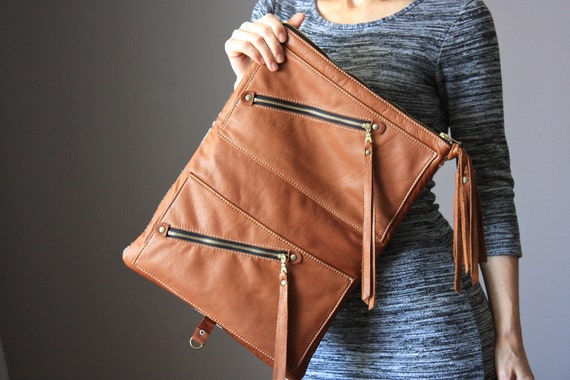 Leather fold over clutch fold over bag fold over purse