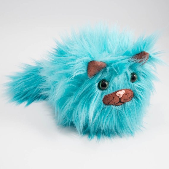 Catball ... turquoise&rust ... Furry Plush Cat by carefulitbites