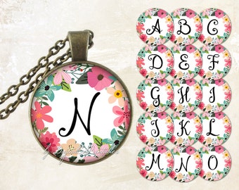 Floral alphabet bottle cap images 1 inch circle digital
