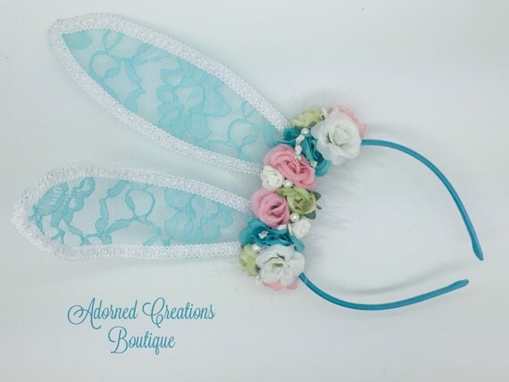 Easter Bunny Ears Headbands Blue Bunny Ears by AdornedCreations