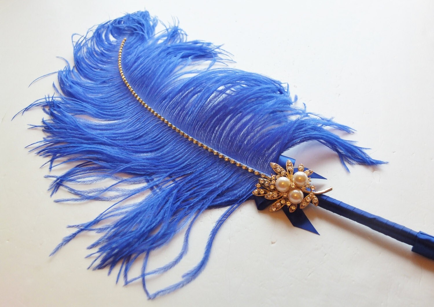 Large Elegant Royal Blue Feather Pen with Gold Pearl Brooch