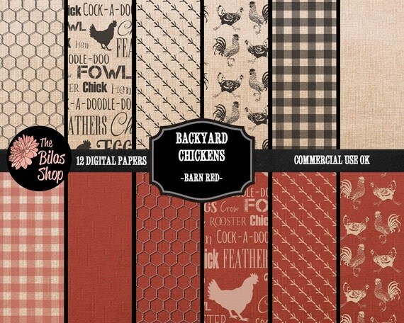 Backyard Chickens Digital Scrapbooking Paper Pack Red Tan