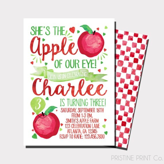 Apple Birthday Invitation Apple Of Our Eye by PristinePrintCo