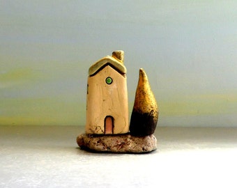 Ceramic miniature houses and oak tree gray sea pottery by ednapio