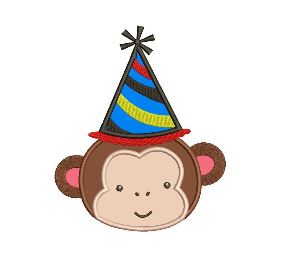 Birthday Monkey wearing Party Hat Applique Machine Embroidery