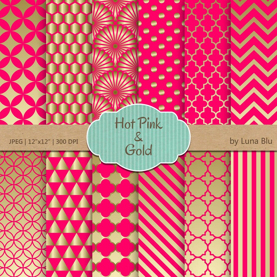 Pink and Gold Digital Paper: Metallic Gold Patterns
