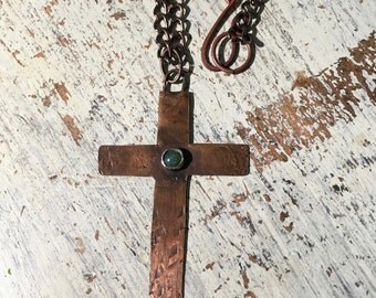 Hand made beaten copper Celtic cross with taupe glass pearl
