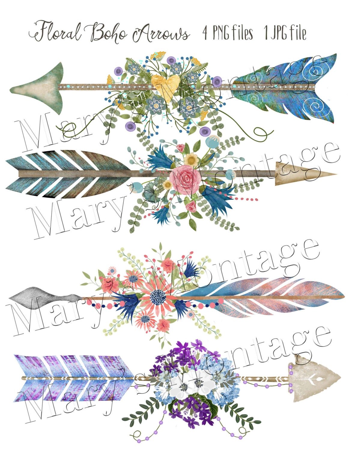 Floral Boho Arrows Set of 4 PNG files 1 printable jpg sheet