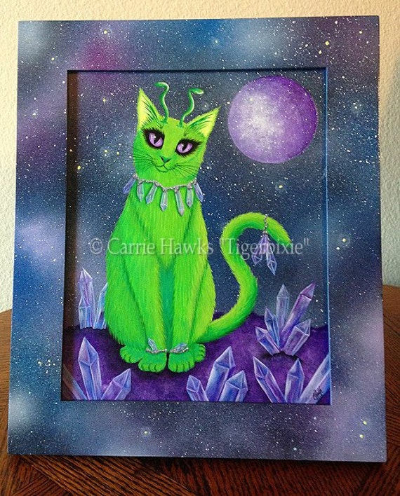 Alien Cat Art Original Cat Painting Space Cat Green Alien Cat