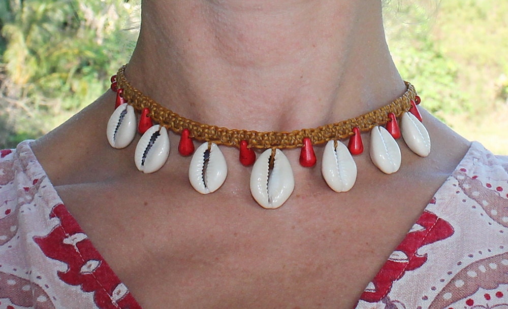 Cowrie Shell Choker in Gold Brown with Coral Red Beads