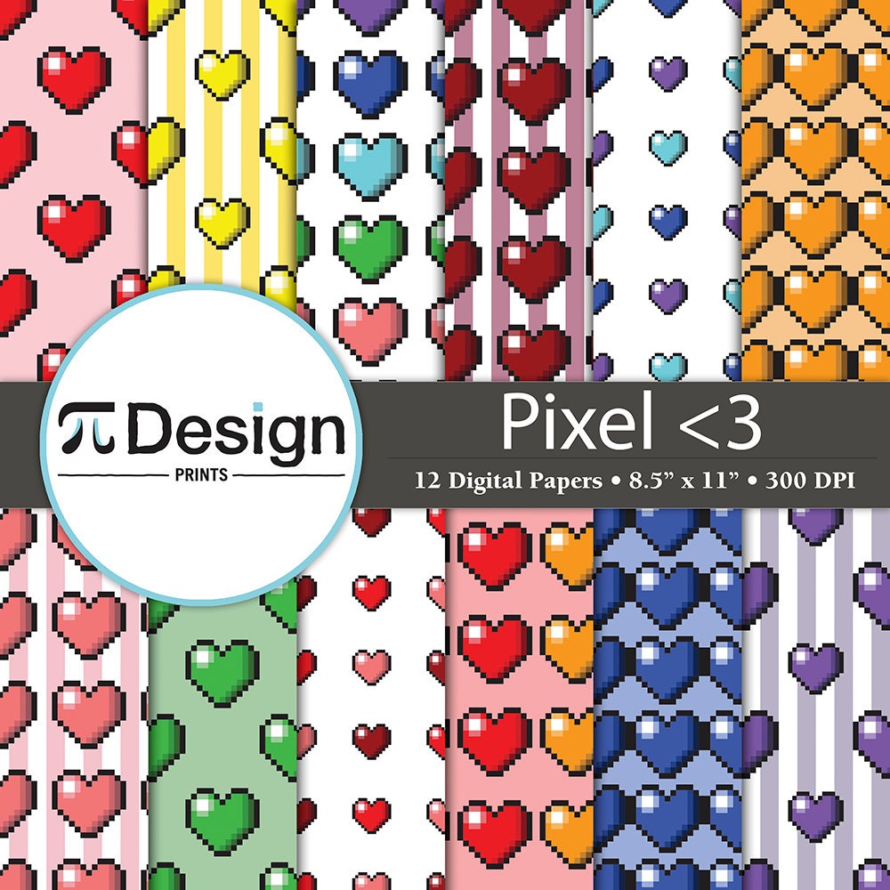 Geeky Valentine Pixel Heart Pattern 8.5x11 Digital