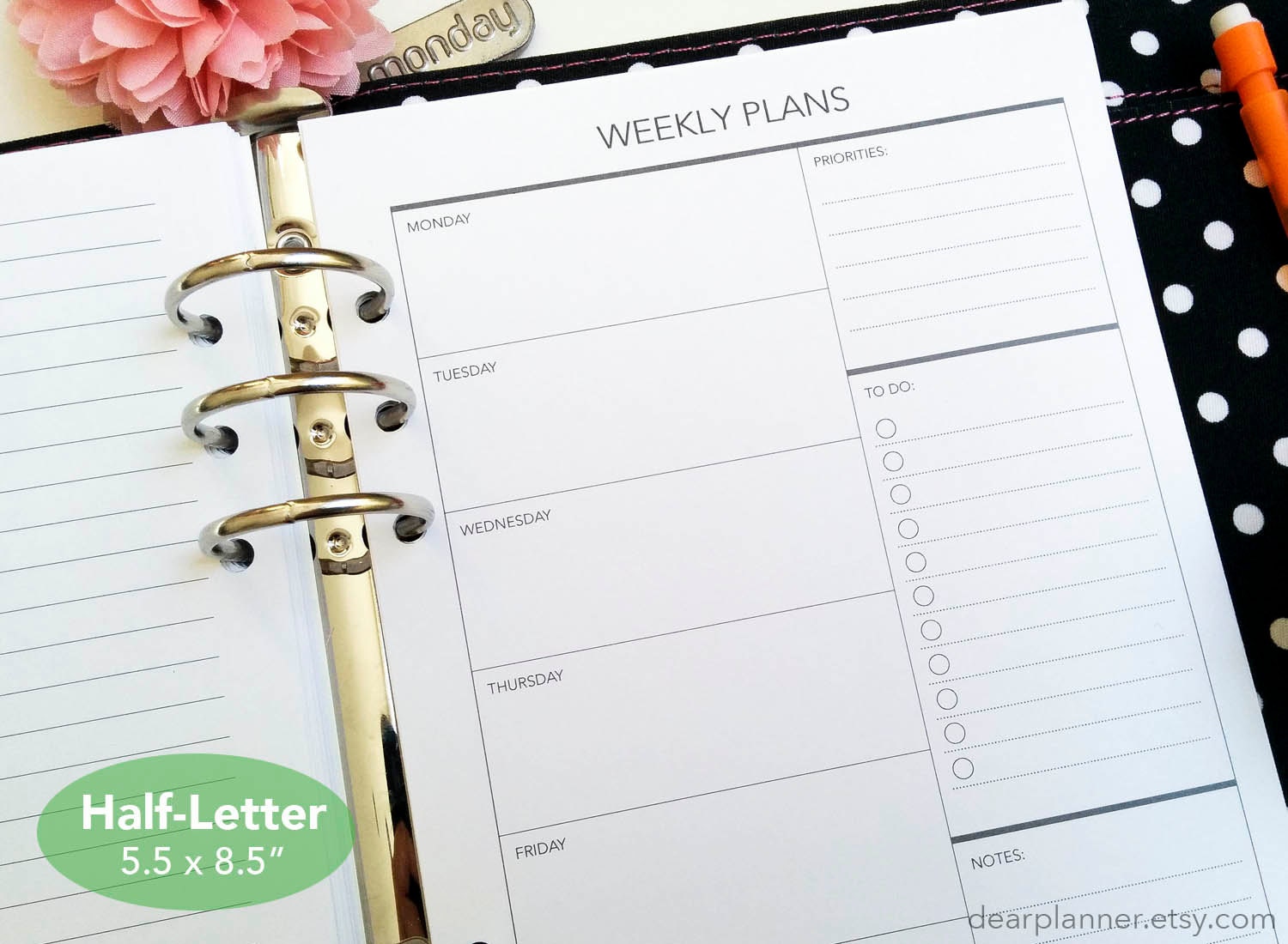 PRINTED Week on one page Weekly planner insert Printed