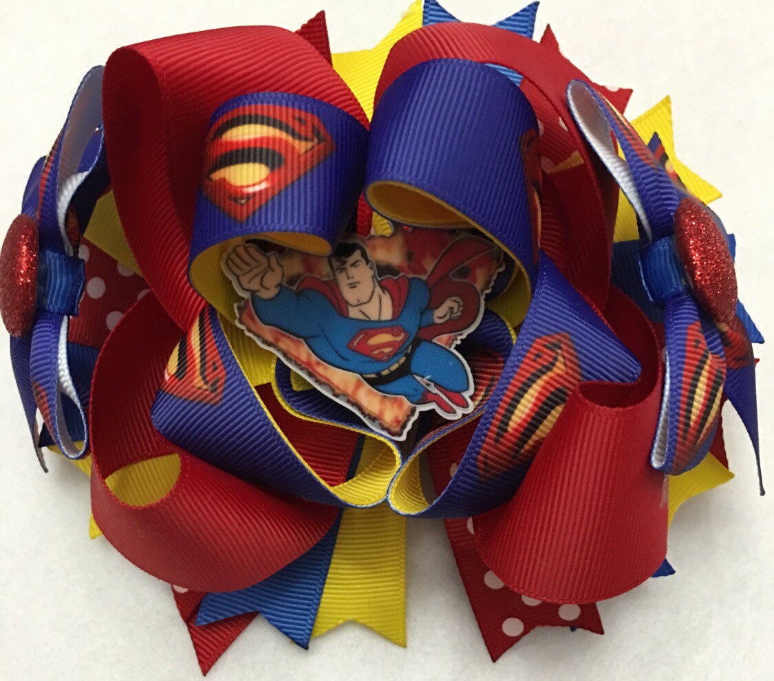 Superman stacked boutique bow by SarahsPrettyBowtique on Etsy