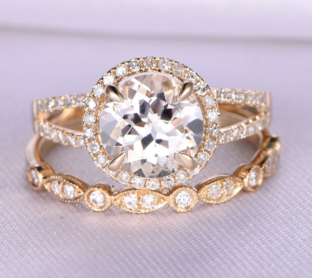 White Topaz Engagement Ring Set Solid 14k Yellow Gold 8mm