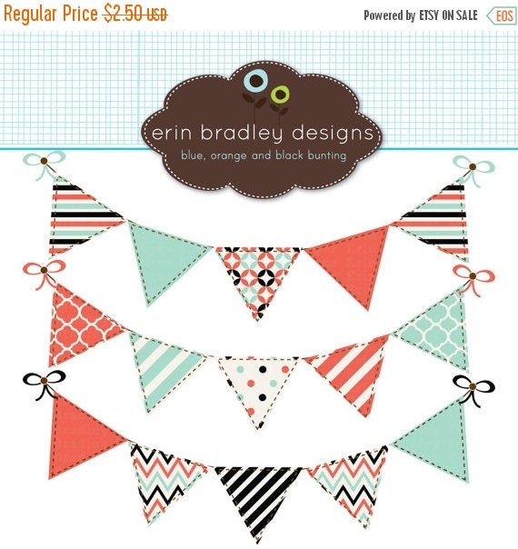 SALE Blue Orange Black Bunting Clipart Clip by ErinBradleyDesigns