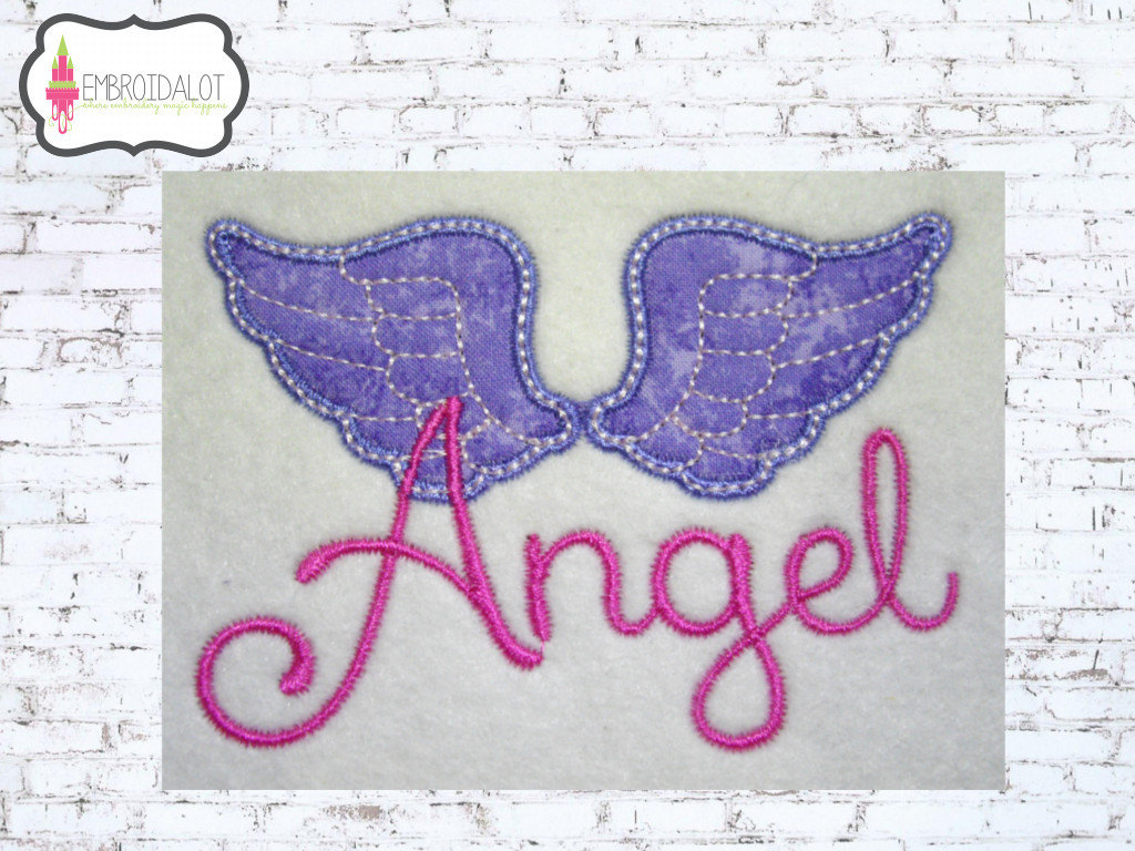 Angel applique embroidery design. Pretty angel wing applique