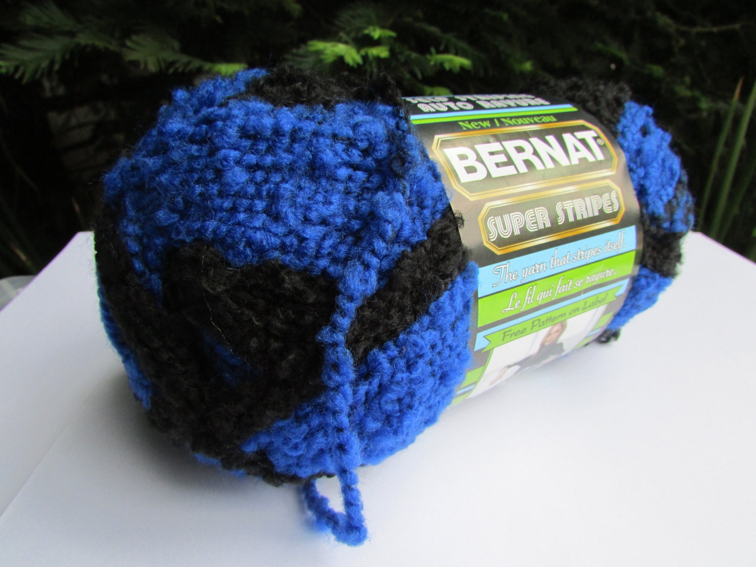 Boucle Yarn Blue and Black Bernat Super Stripes Boucle Yarn