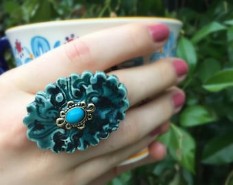 Items similar to Ceramic ring, statement ring, flower ring, cobalt blue ...