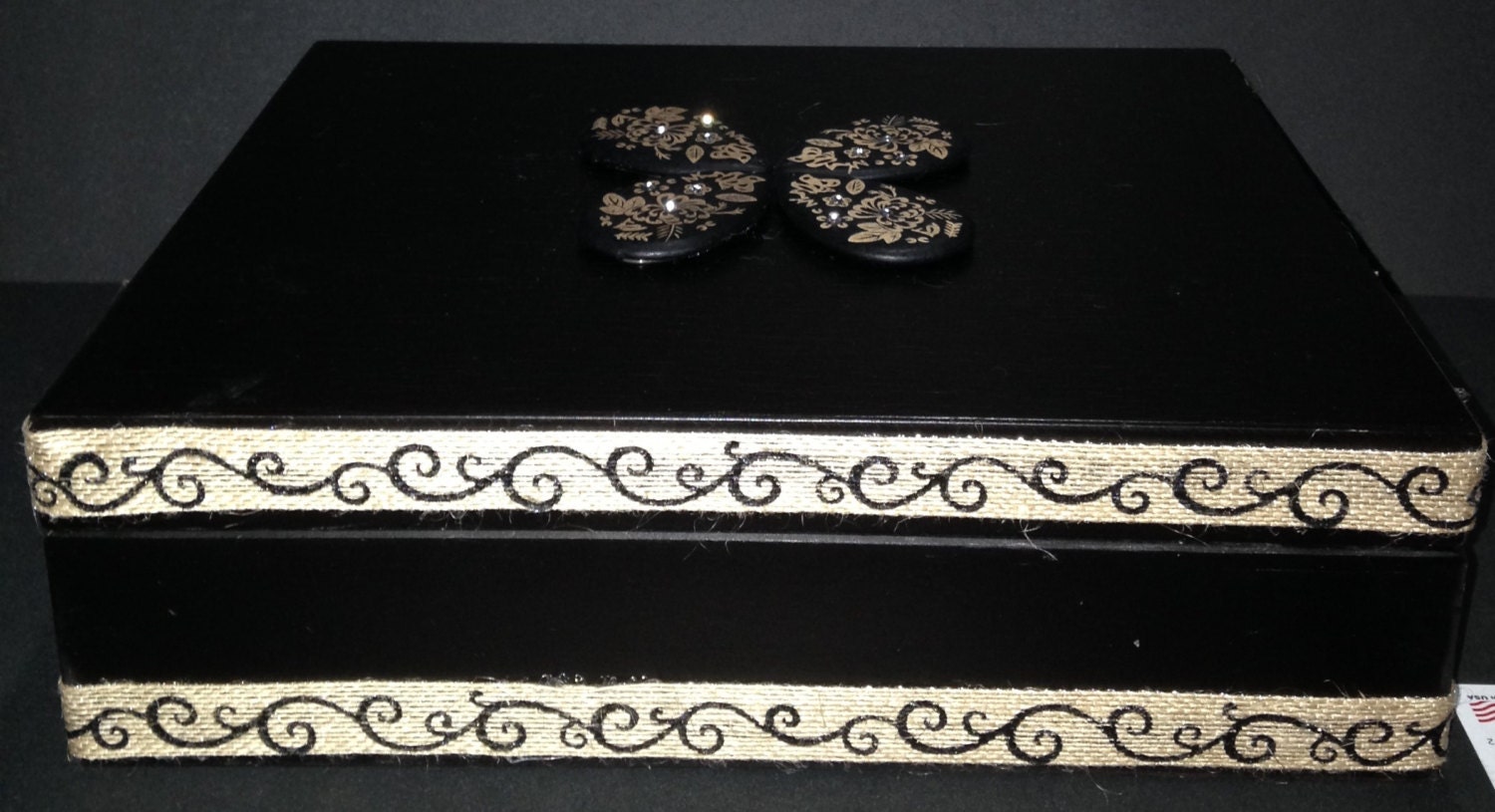 Wooden Black Storage Box with Lid Decorated with Burlap Ribbon with ...
