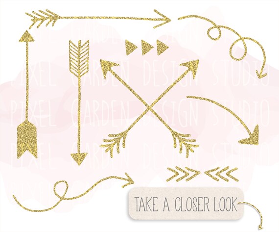 Gold Glitter Arrows Clip Art. Hand Drawn Arrows Clipart.