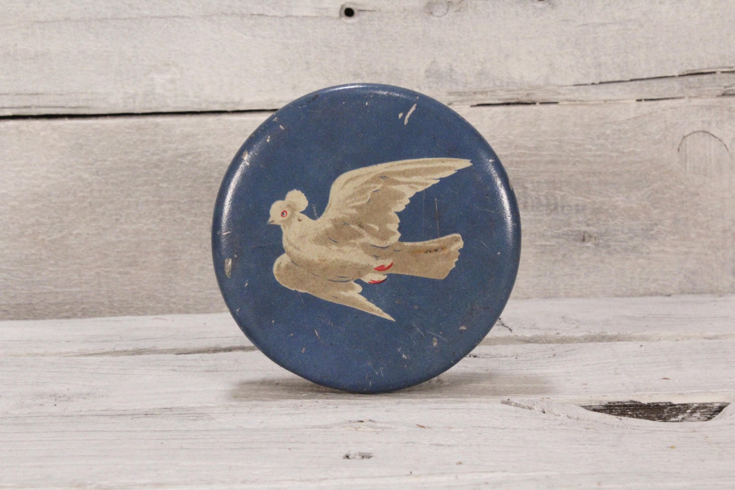 Vintage Round Tin box with Lid, Old Metal Box with Hand painted Dove ...