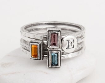Mother's Stackable Birthstone Initial Ring Stack by NelleandLizzy