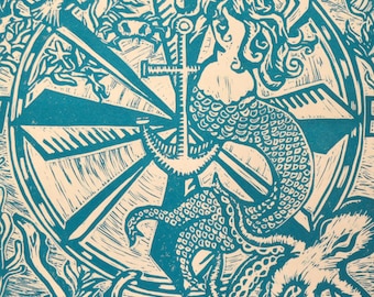 Mermaid linocut | Etsy