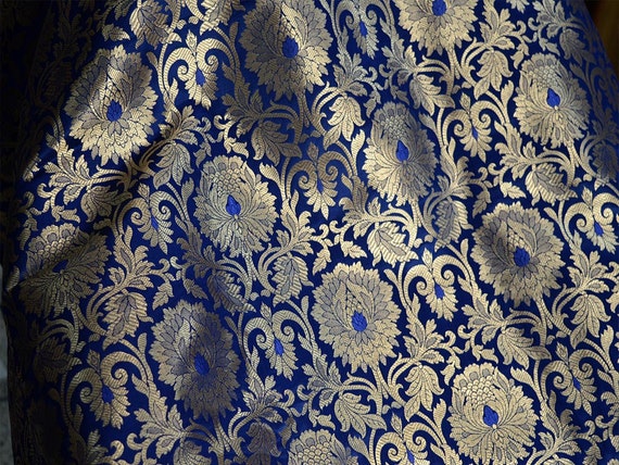 Navy Blue Brocade Fabric by the Yard for Wedding Dress Fabric