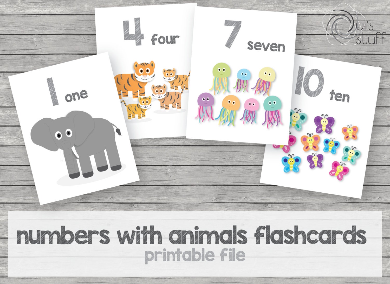 Printable kids numbers with animals flashcards by DulsStuff