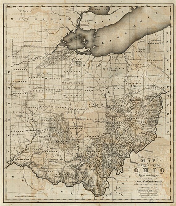 Map Of Ohio OH including county line 1820. Vintage