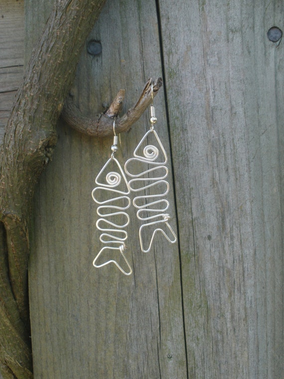 Wire wrapped fish earrings fish dangles silver fish