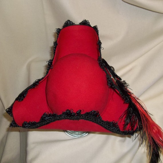 Red Pirate Hat Fancy Red Wool Tricorn with Black Trim
