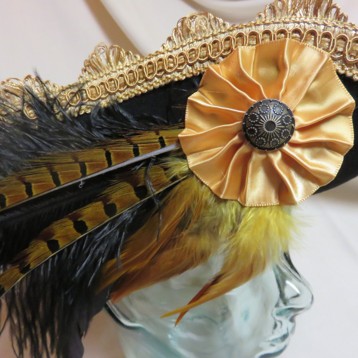 Black and Gold Pirate Hat Fancy Black Wool Tricorn with Gold
