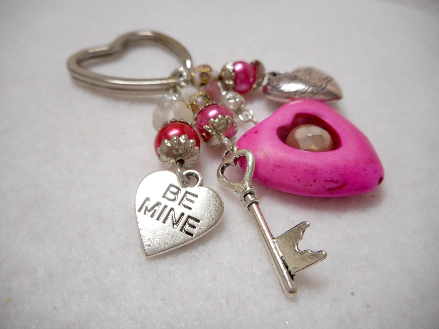 Heart Key Chain Valentine Key Chain Beaded Key Chain Pink