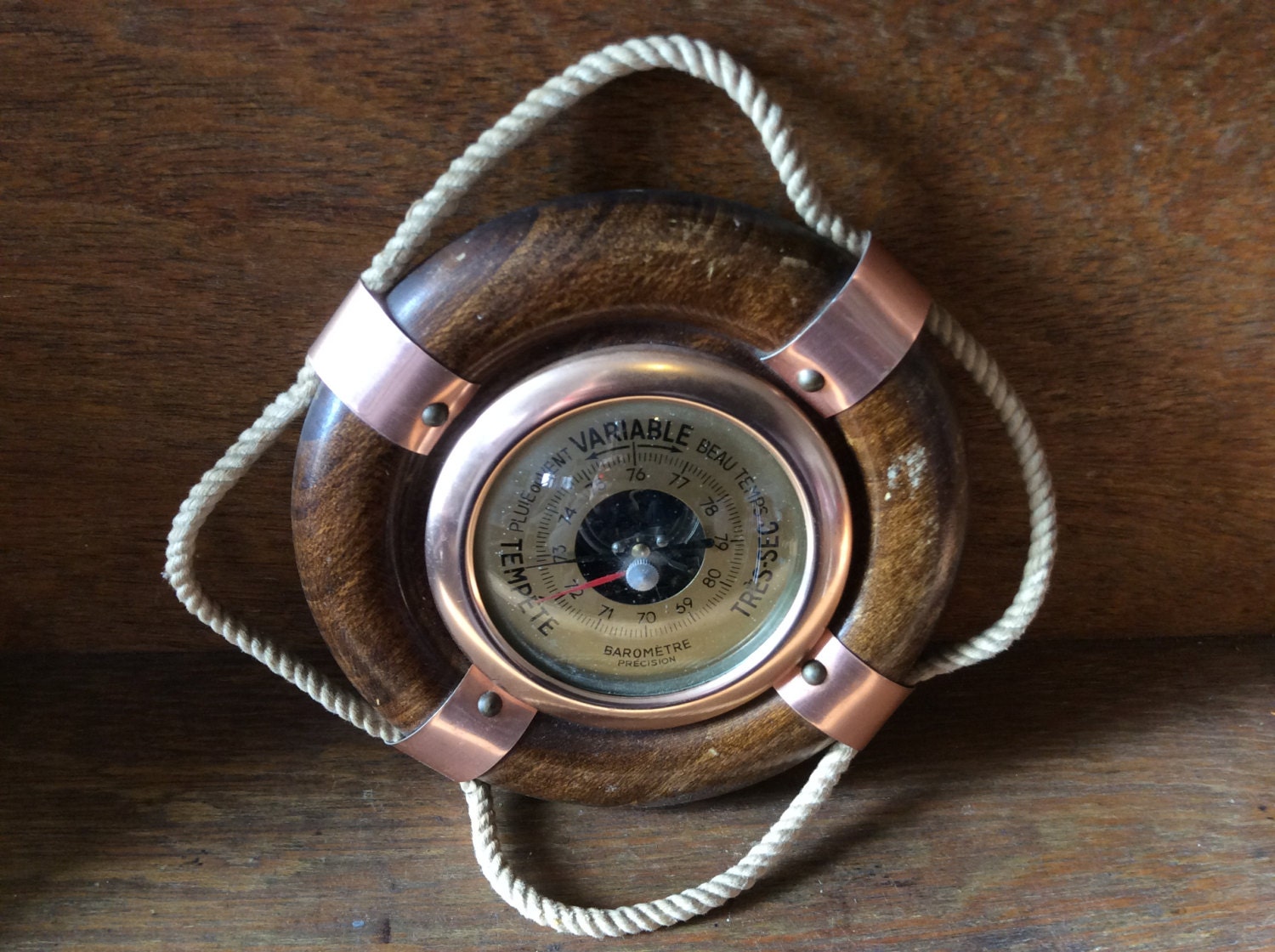Vintage French copper wood marine style wall decor barometer barometre ...