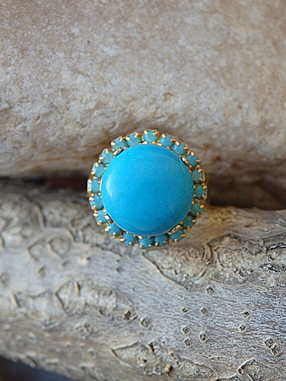 Gold Turquoise Ring Genuine Turquoise Jewelry Blue Gemstone