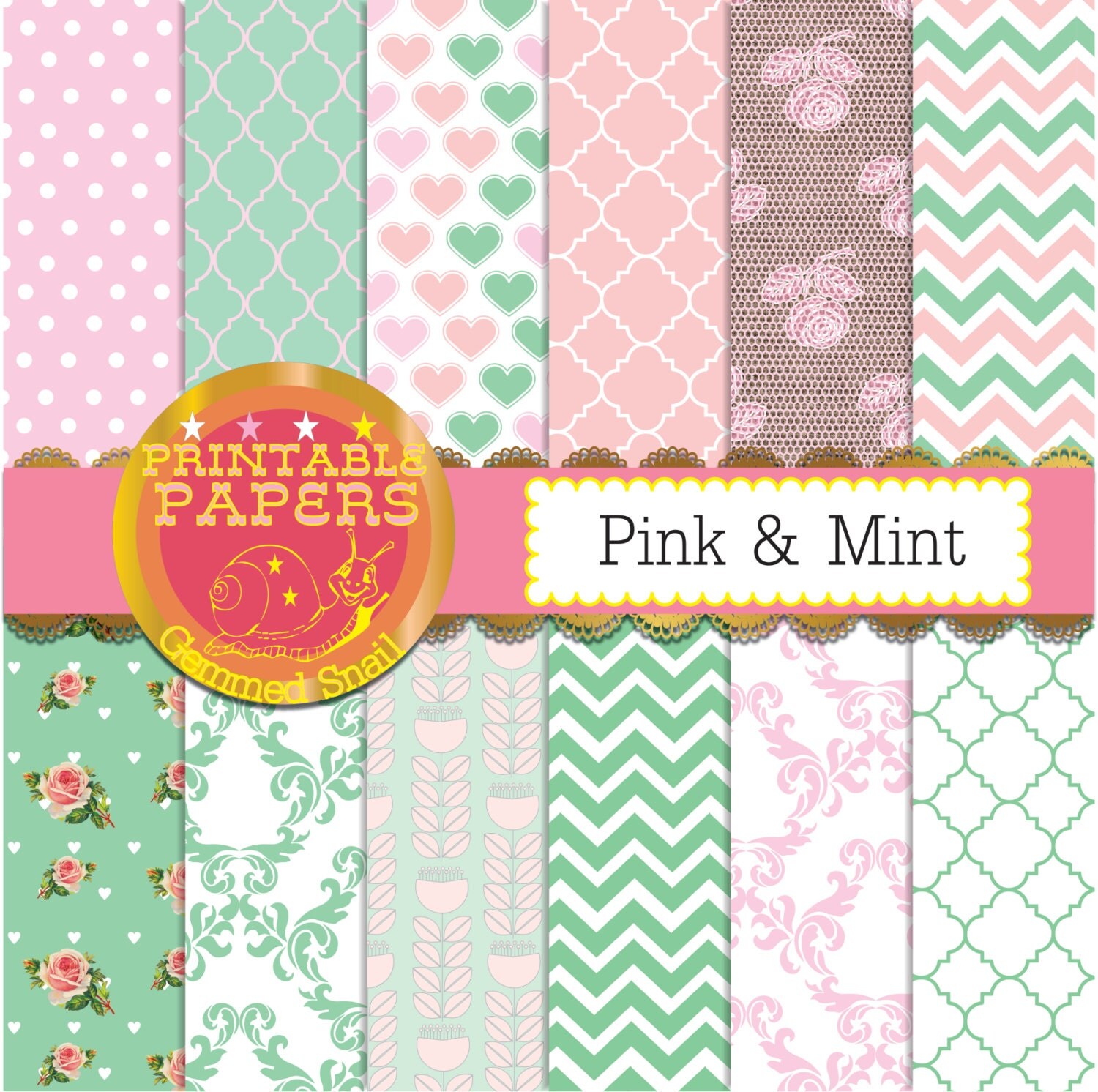 Mint and pink digital paper pink mint backgrounds by GemmedSnail