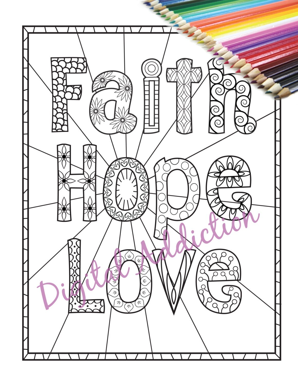 FAITH HOPE LOVE Coloring Page Printable Doodle Zentangle