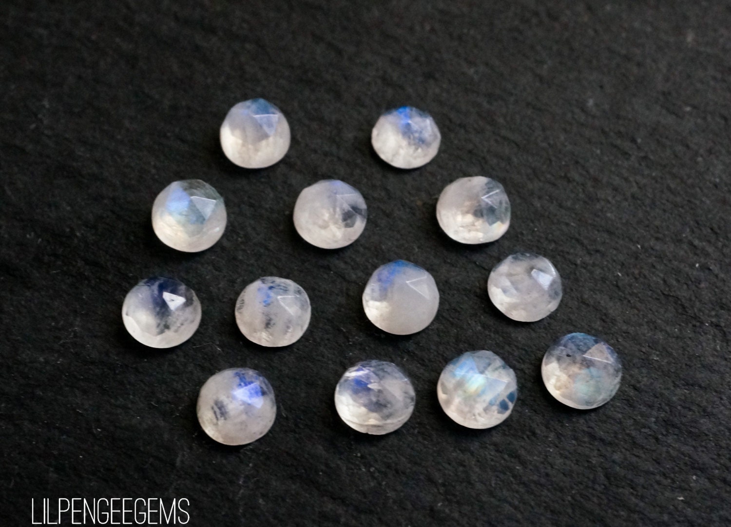 5mm rainbow moonstone faceted cabochons. rose cut moonstone
