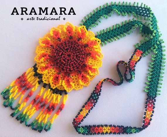 Mexican Huichol Beaded Yellow Flower Necklace Cfg 0059