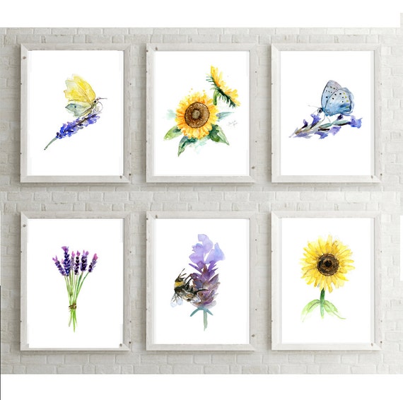 FLOWER art flower Watercolor Painting 6 prints sunflower
