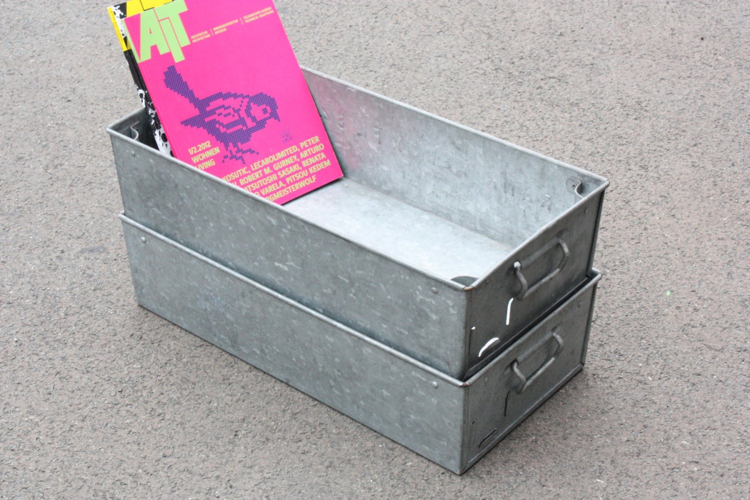 2 large boxes industrial design, vintage metal crates, stacking bins ...