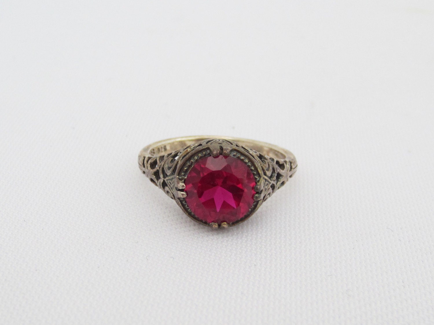Vintage Sterling Silver Ruby Filigree Ring Size 7