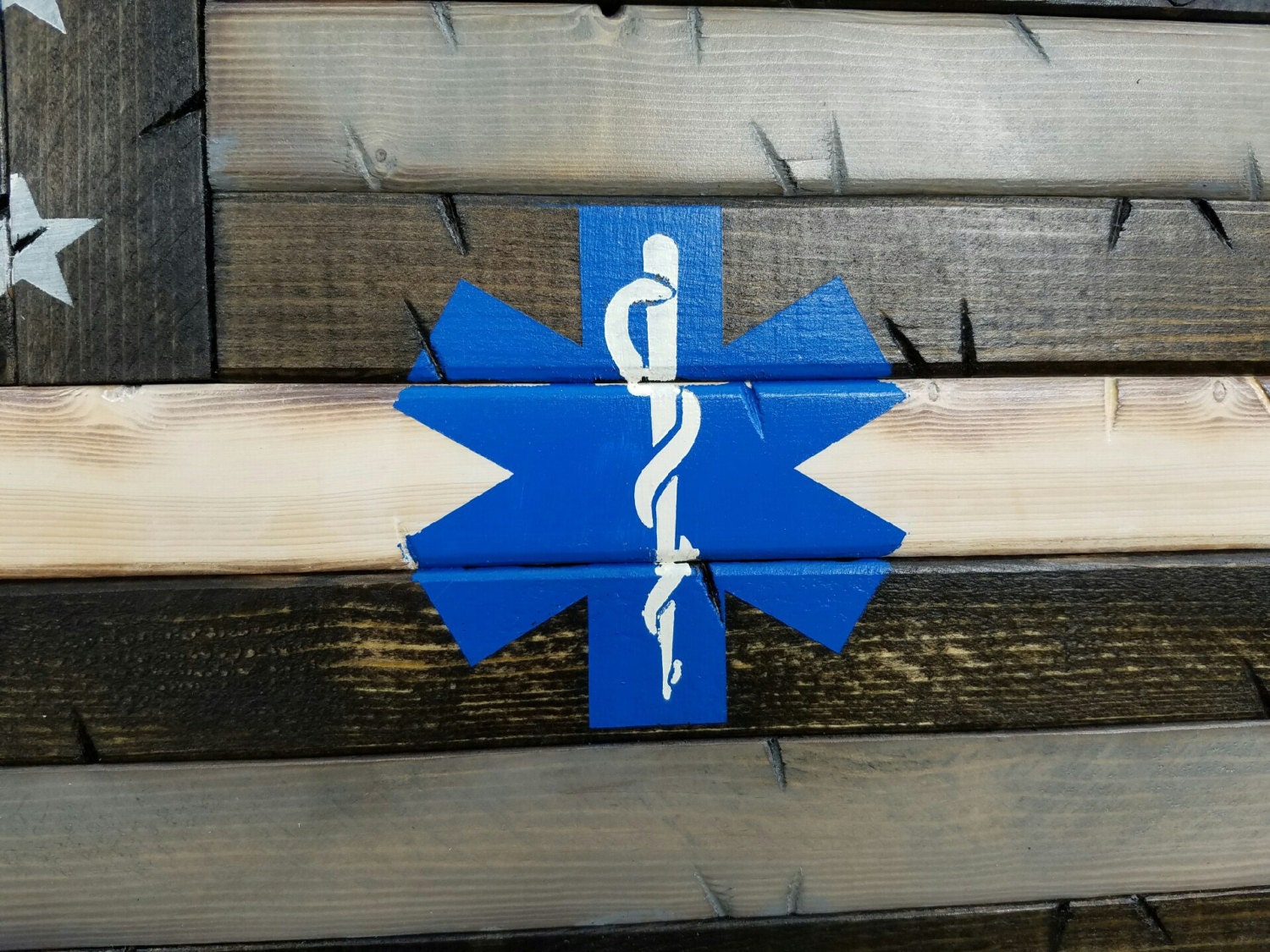 Thin White Line EMS Wooden Rustic American Flag with the star of life