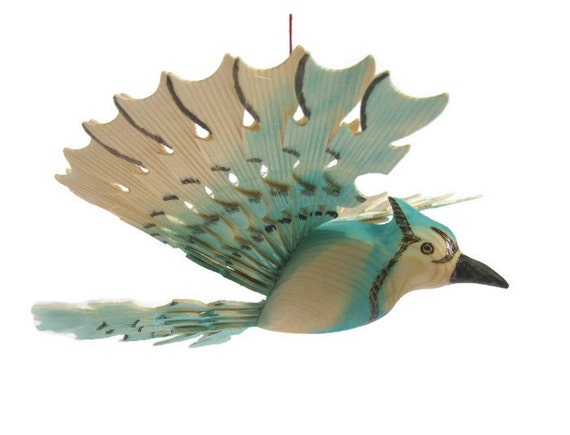 Blue Jay Bird Wood Carving Hanging Mobile Woodworking Art