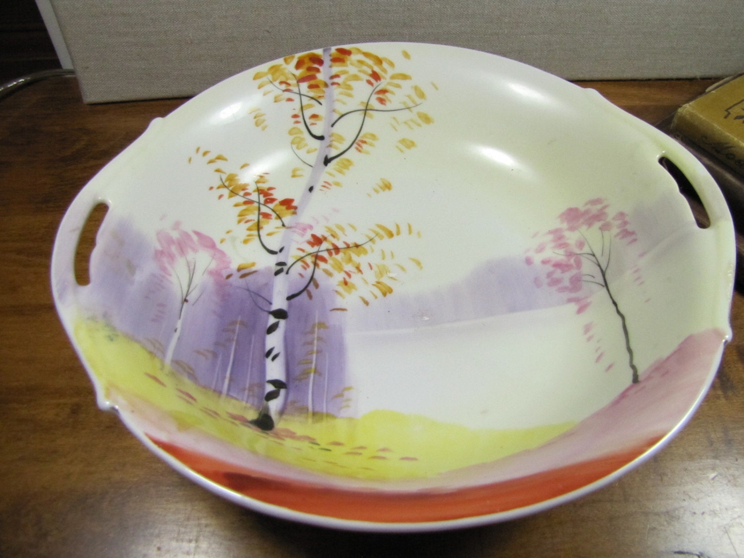 Vintage Hand Painted Nippon Serving Bowl River and Trees