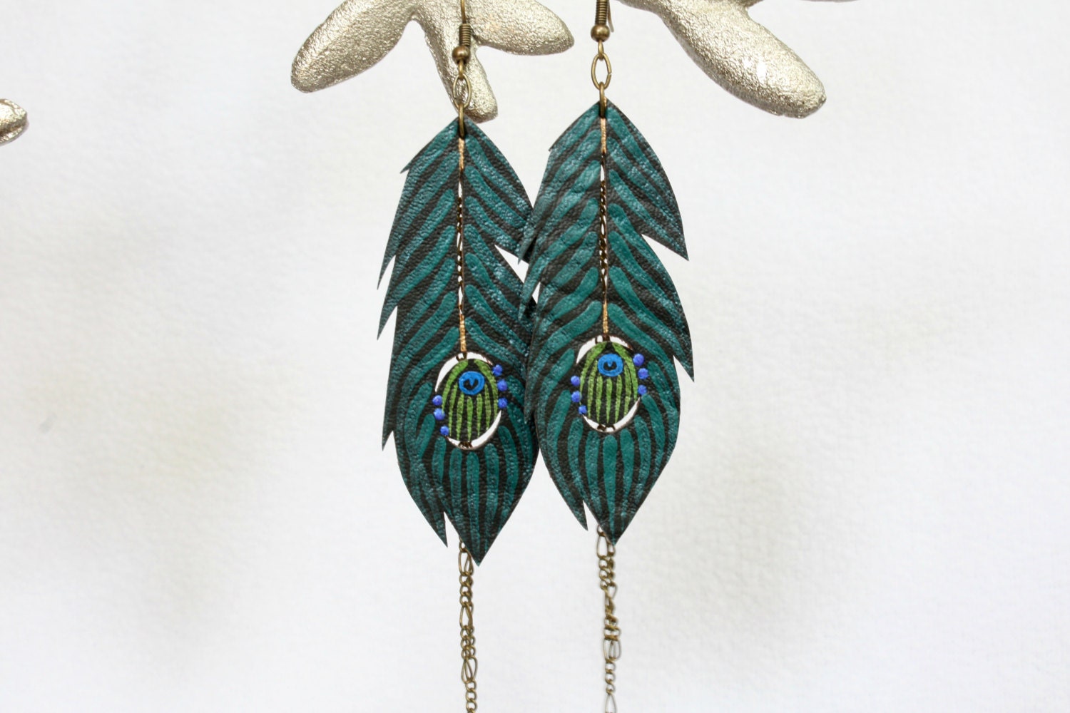 Teal Peacock Feather Earrings Faux Leather Earrings Dangle