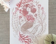 Unique mermaid linocut related items | Etsy