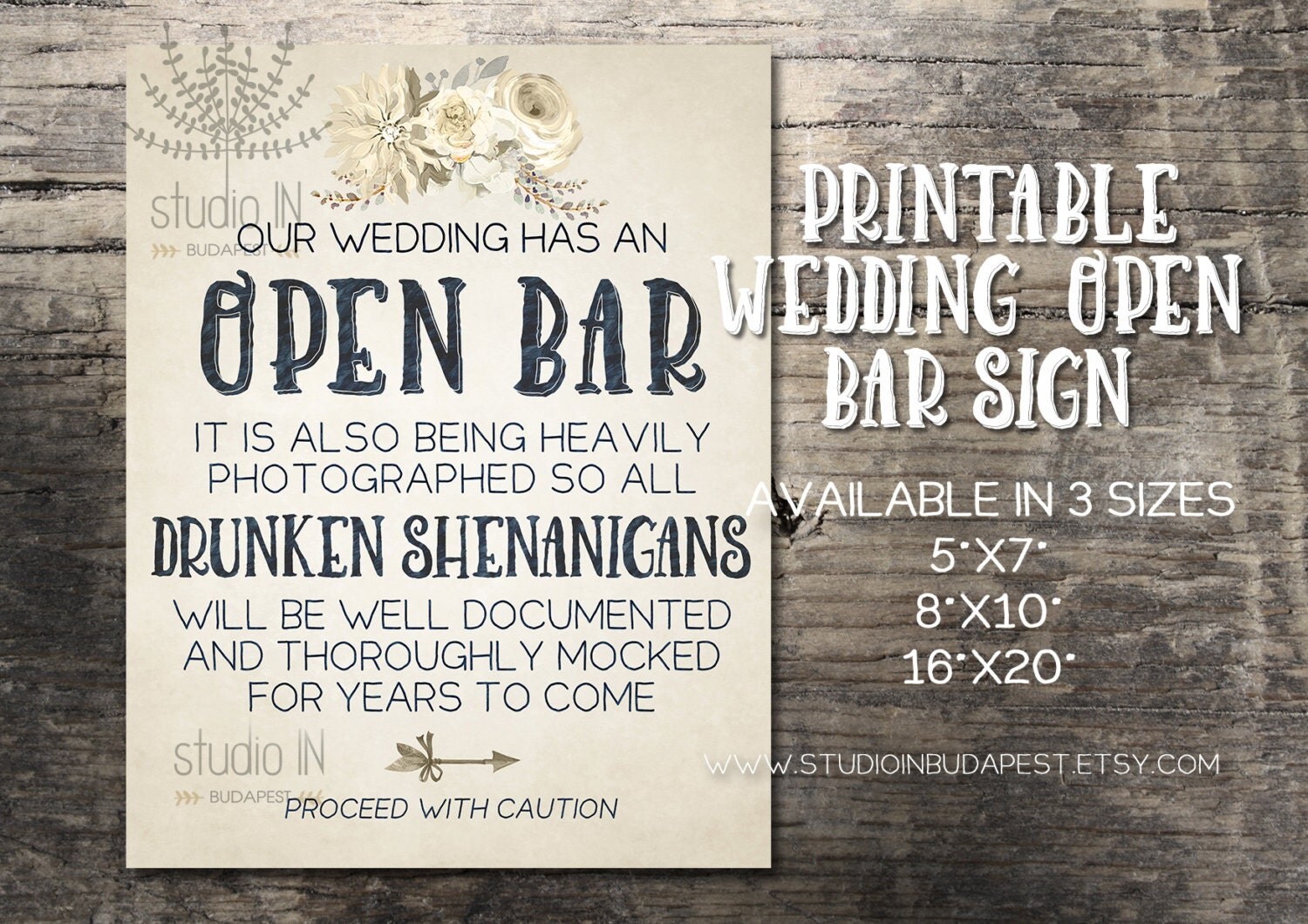 Open bar sign Rustic wedding sign Wedding reception