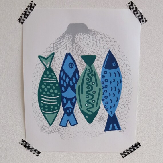 Fish in Net Print in Blue Green Gray Original Hand-Pulled